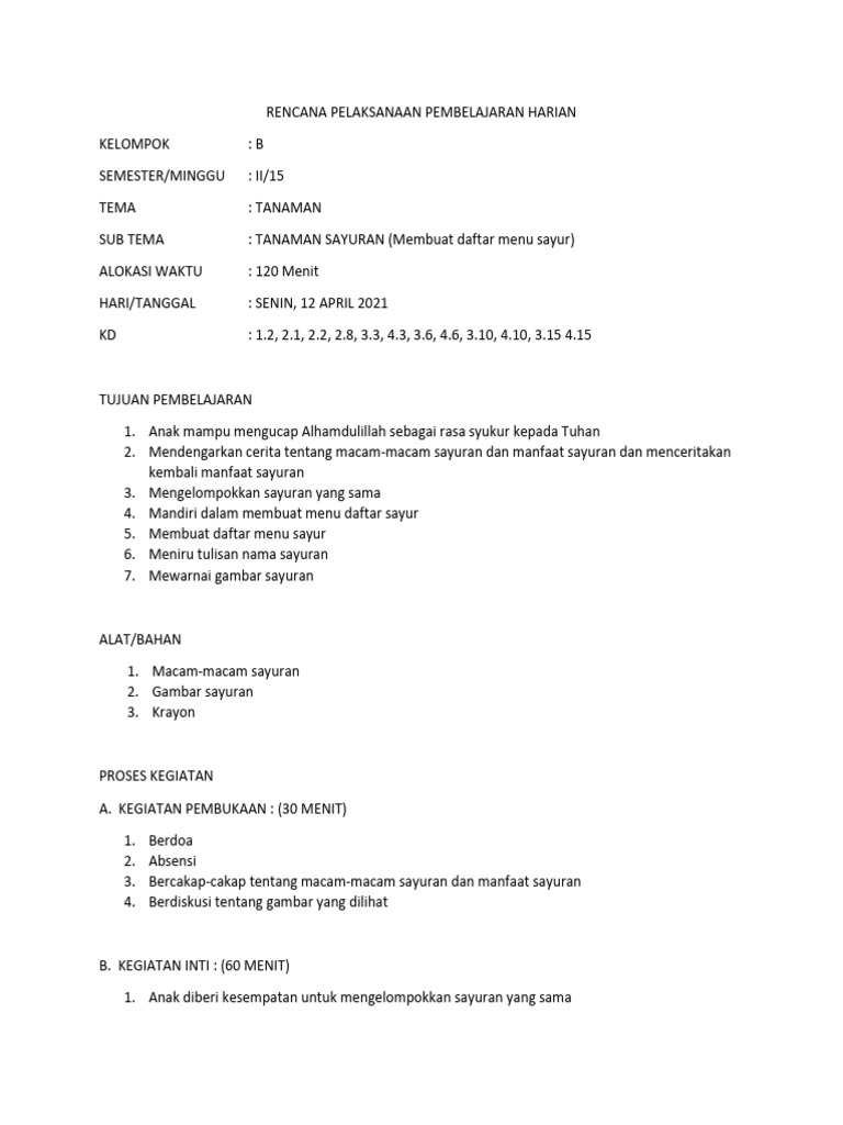 RPP Paud Kelas B Tema Tanaman TK Perintis BK | PDF