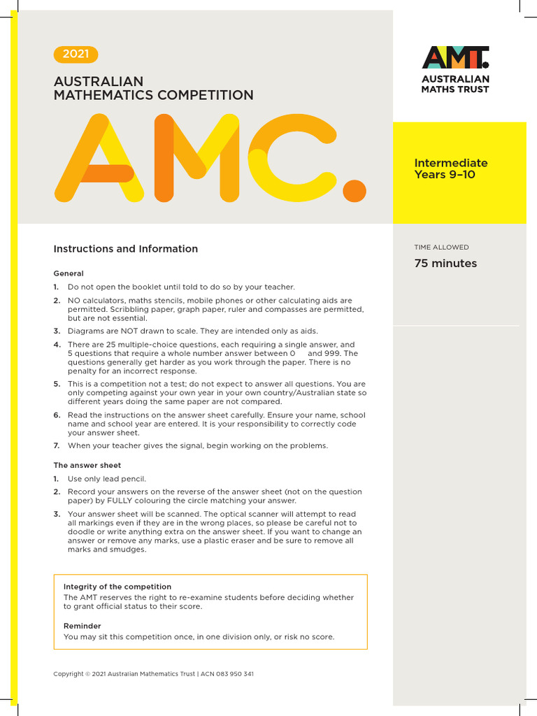 Australian Mathematics Competition: Intermediate Years 9-10 | PDF