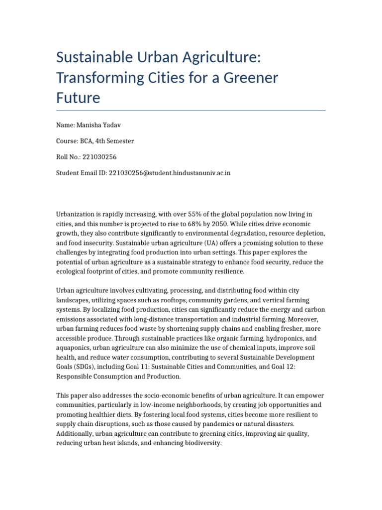 Sustainable Urban Agriculture Abstract Manisha Yadav | PDF
