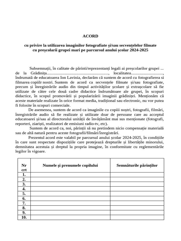 Acord Fotografiere Filmare Copii Cristina Ungureanu Campulung Muscel | PDF