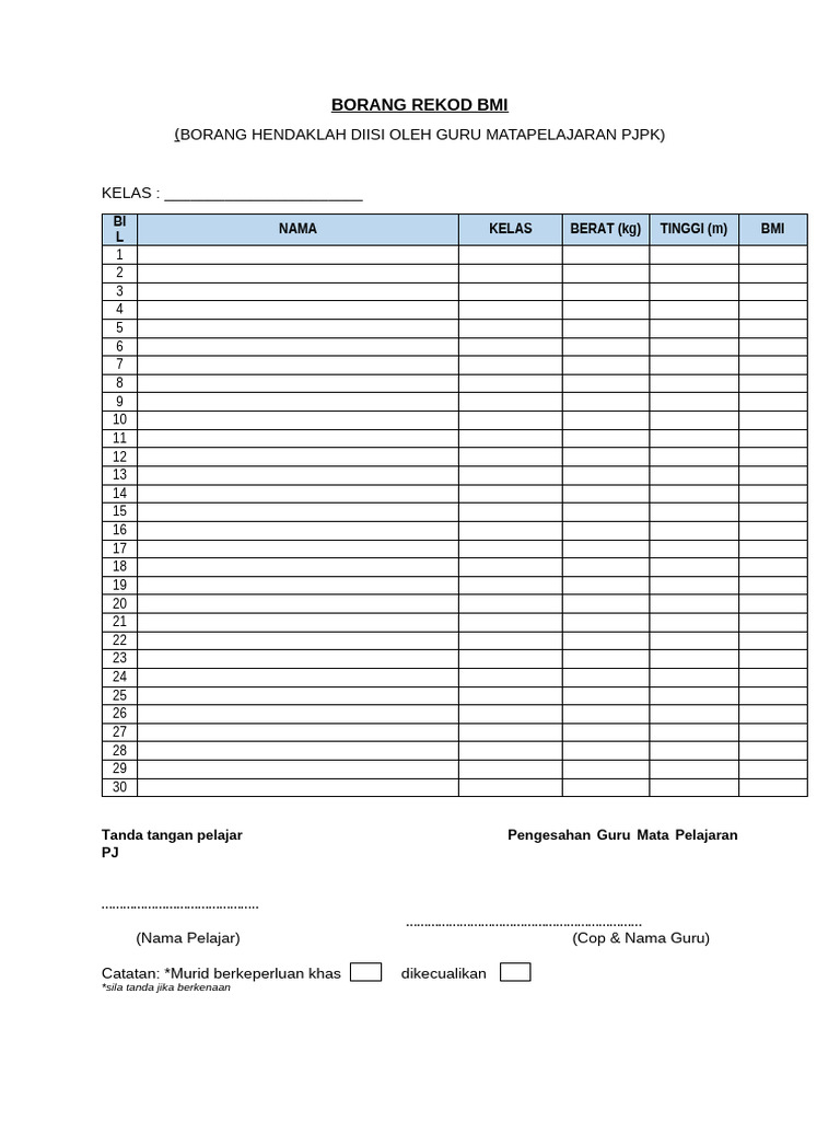 Borang Rekod Bmi | PDF