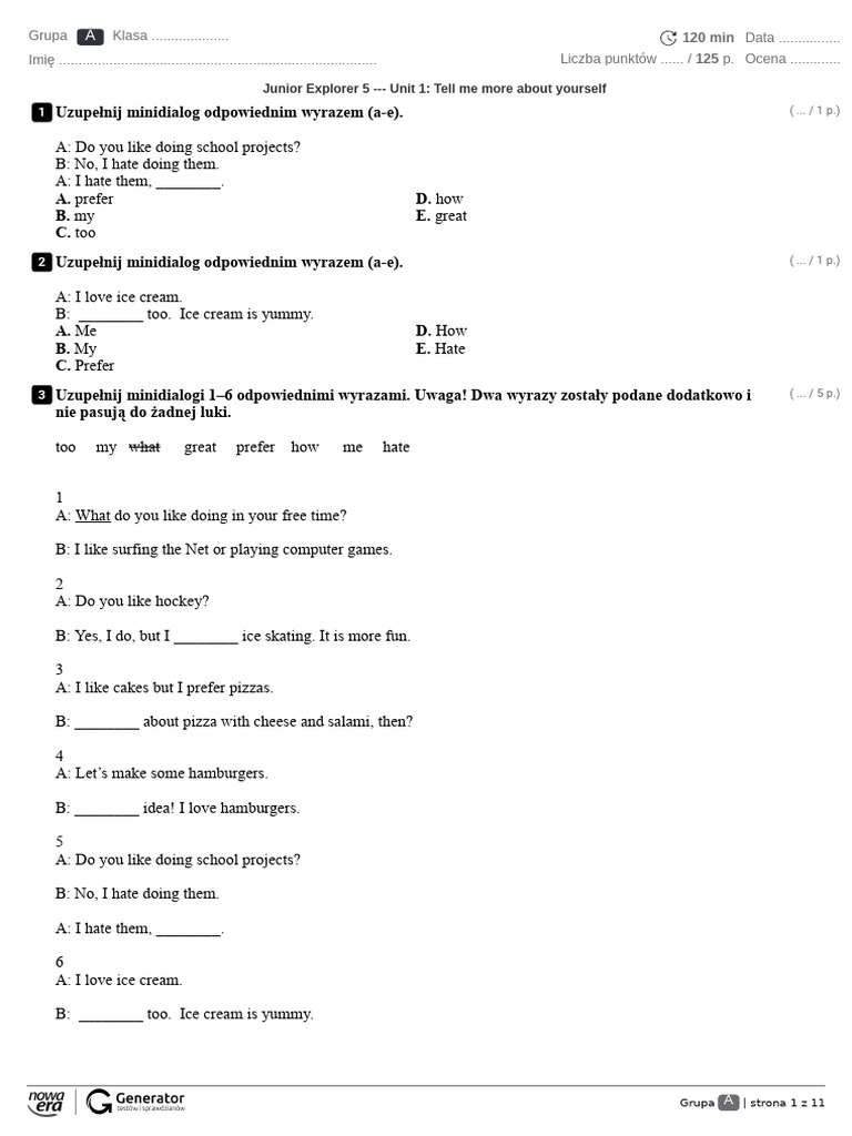Junior Explorer 5 - Unit 1 - Tell Me More About Yourself Test (Z ...