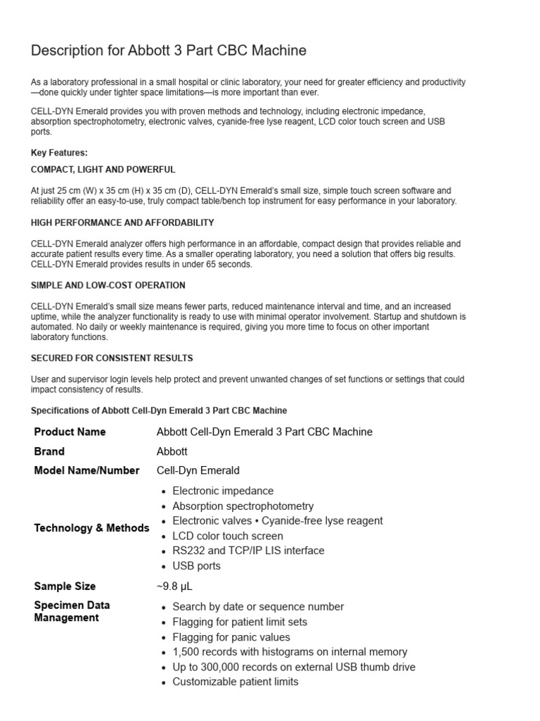 Abbott Cell-Dyn Emerald 3 Part CBC Machine | PDF