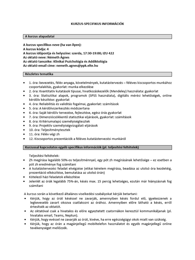 Modszertan I. Pszichometria Es Kerdoives Kutatasok Tematika Nemeth Agnes 2023-24-2 4 | PDF