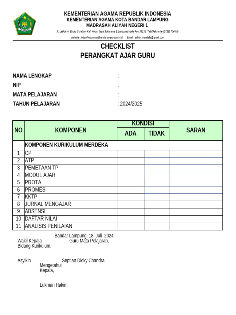 Cheklist Perangkat Ajar Guru 2024 | PDF