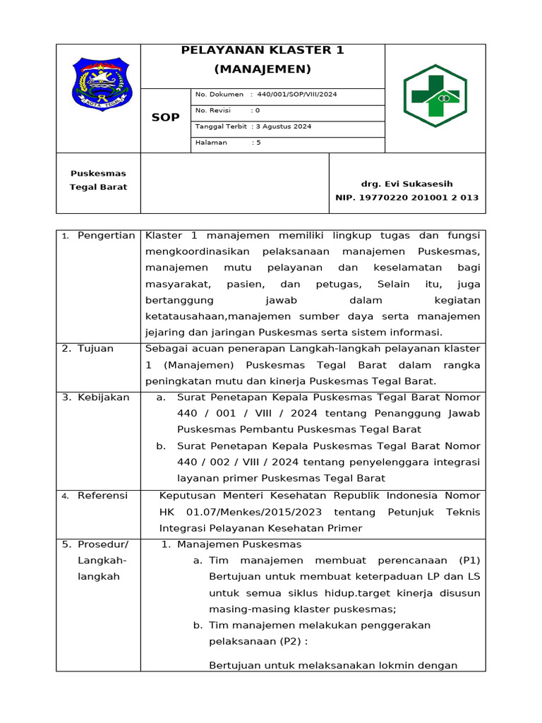 Sop Klaster I Manajemen | PDF