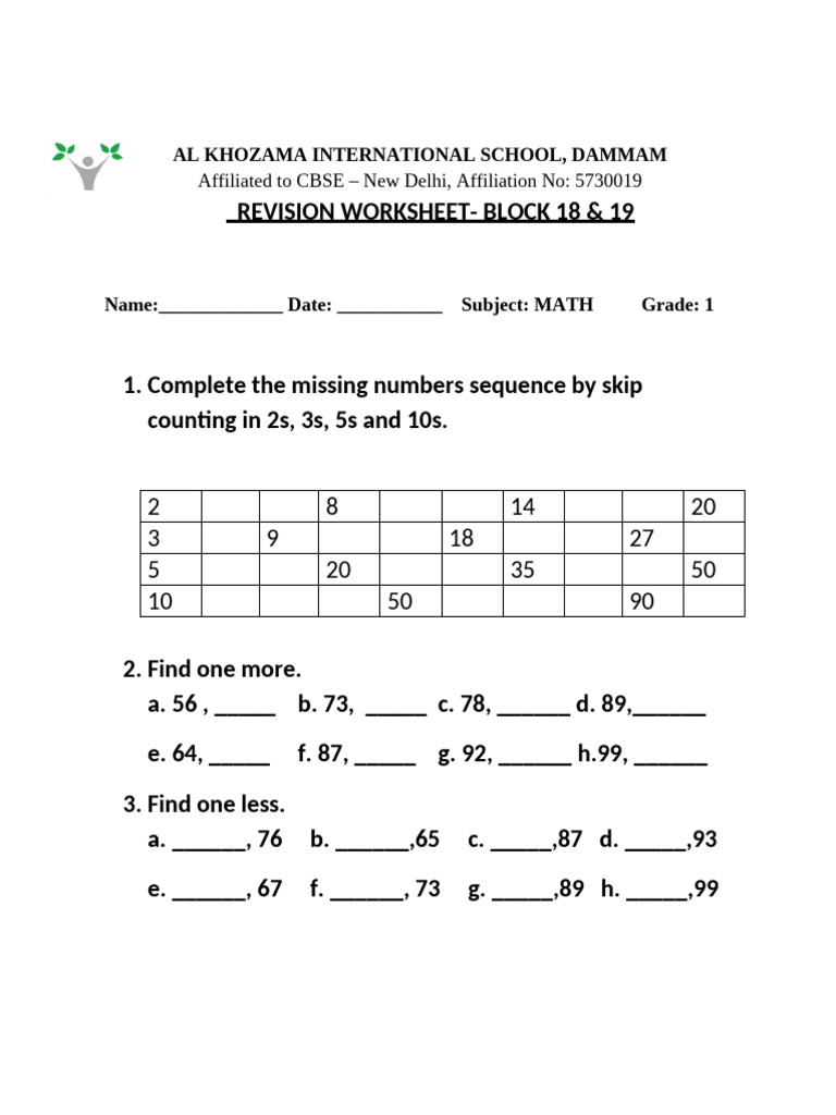Math WORKSHEETBL 18 & 19 | PDF