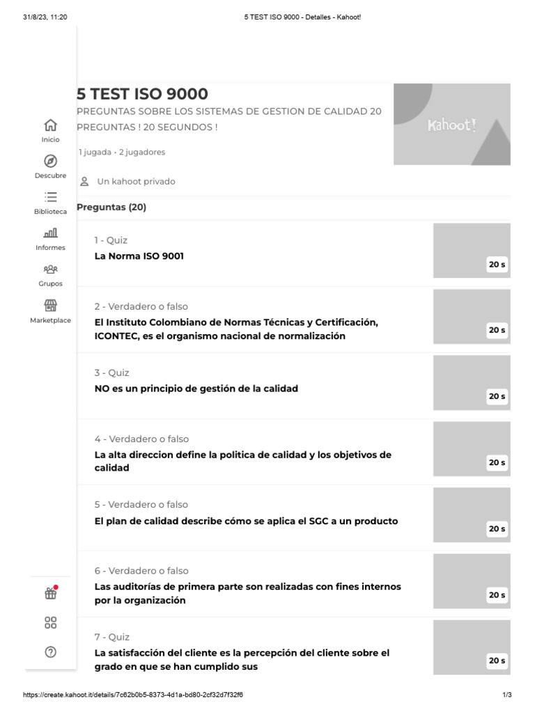 5 TEST ISO 9000 - Detalles - Kahoot! | PDF