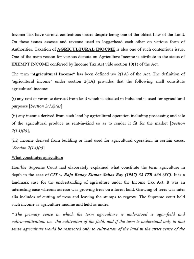 Agricultural Inocme: CIT v. Raja Benoy Kumar Sahas Roy (1957) 32 ITR ...