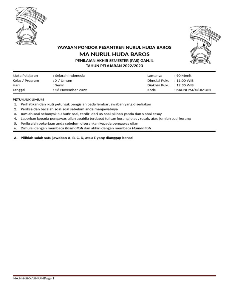 Kop Soal PAS 2022 | PDF
