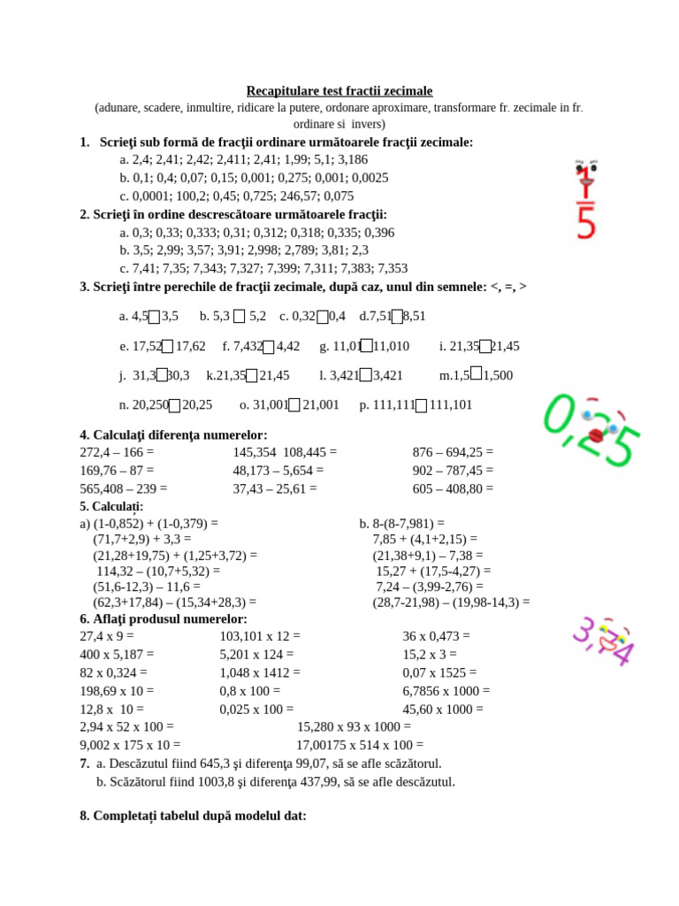 Recapitulare Test Fractii Zecimale | PDF