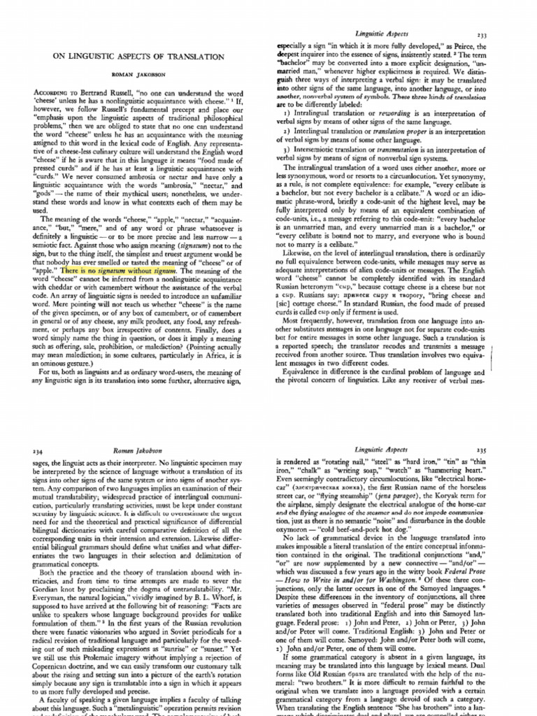 Roman Jakobson On Linguistic Aspects of Translation | PDF