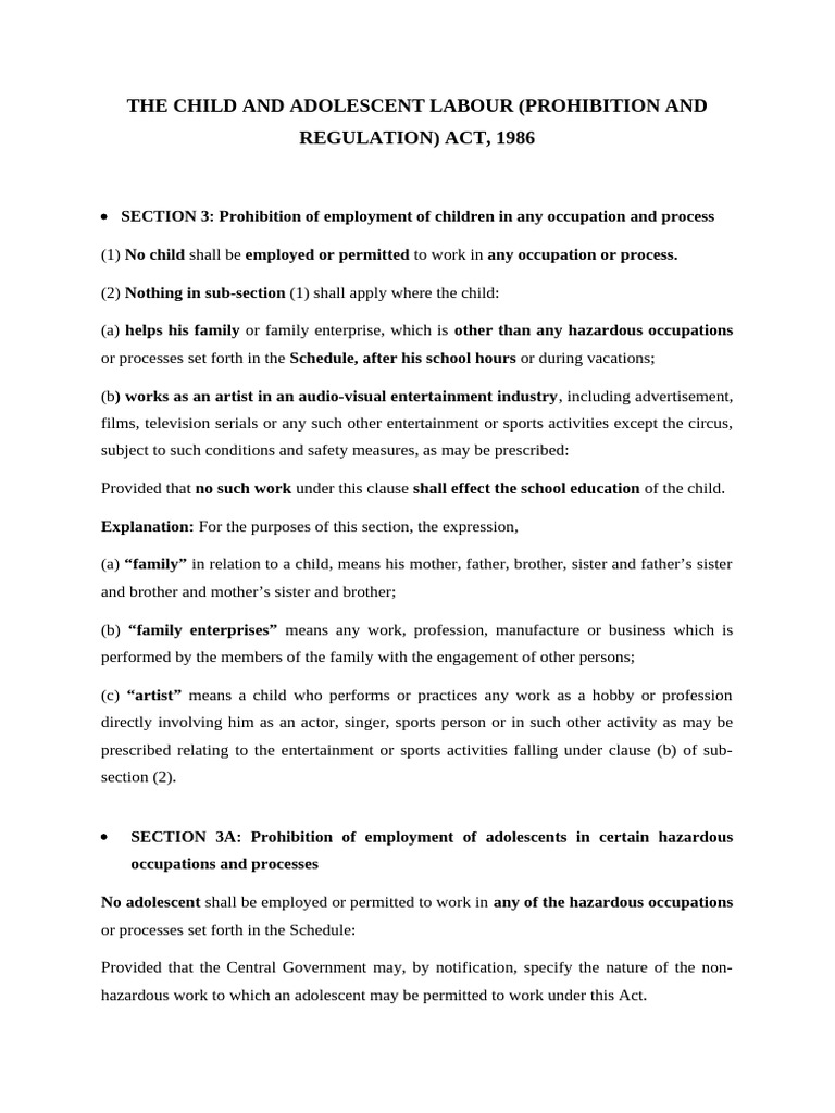The Child and Adolescent Labour Act, 1986 | PDF