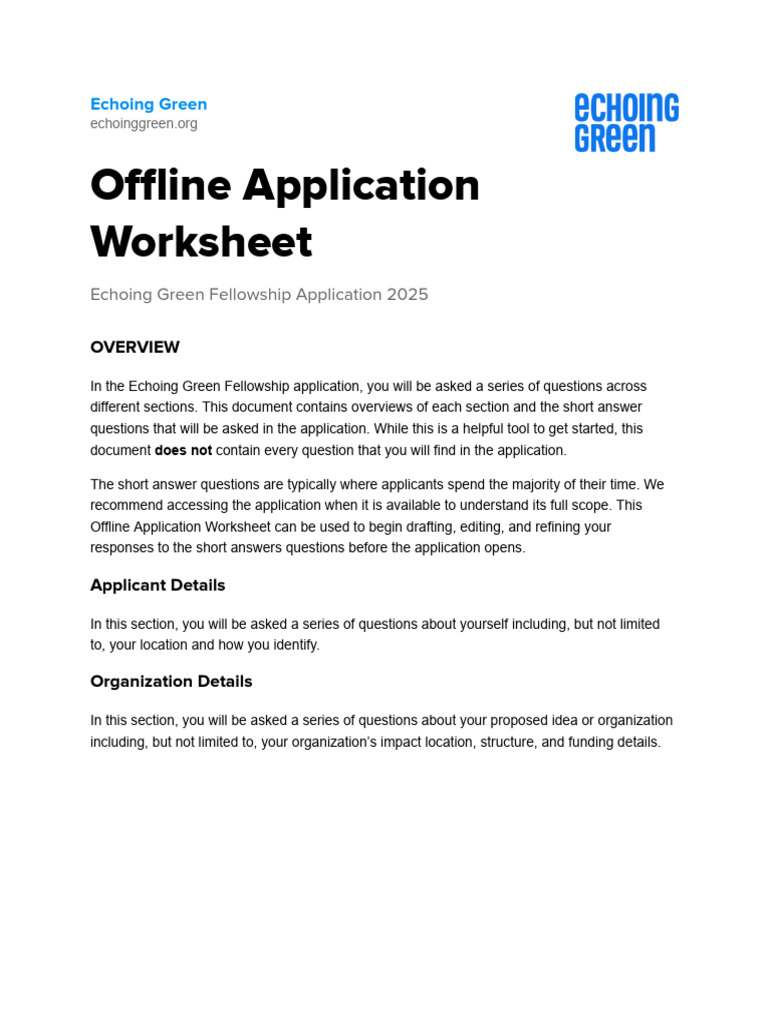 Echoing Green Offline Fellowship Worksheet 2025 | PDF