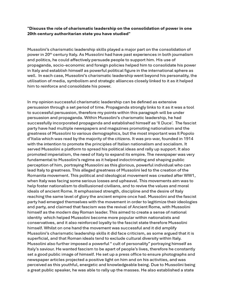 Mussolini Consolidation and Maintanance of Power Essay | PDF