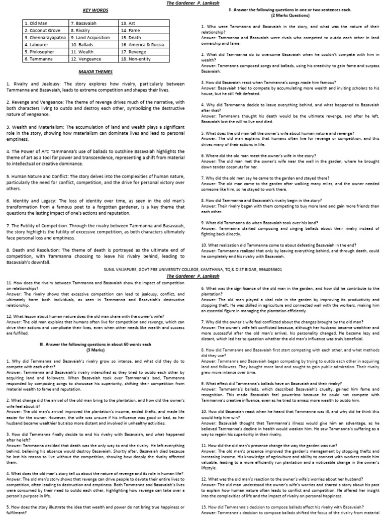 The Gardener P. Lankesh 2, 3 & 4 Marks | PDF