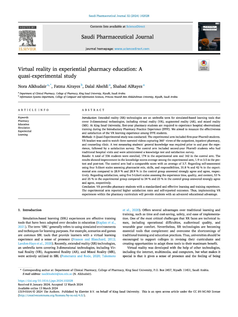 Virtual Reality in Experiential Pharmacy Education KSA | PDF