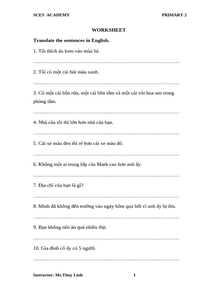 WORKSHEET - Translate the sentences | PDF