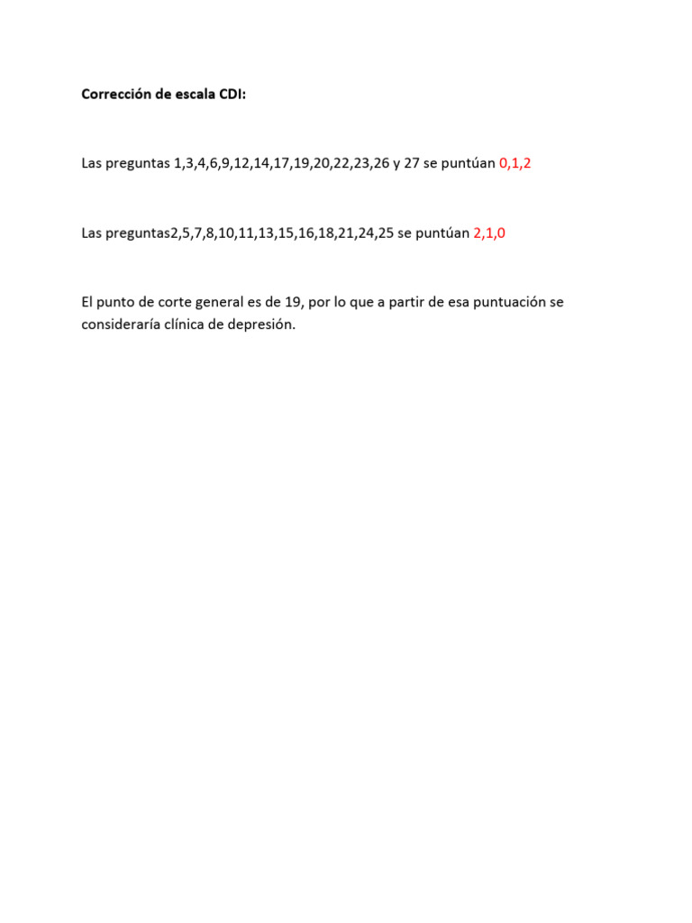 CDI - Cuestionario de Depresión Infantil Correccion | PDF