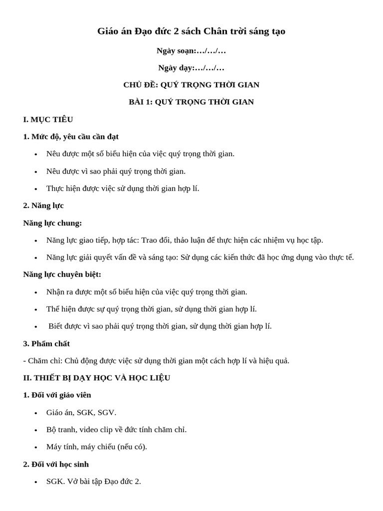 Giao An Dao Duc Lop 2 Sach Chan Troi Sang Tao | PDF