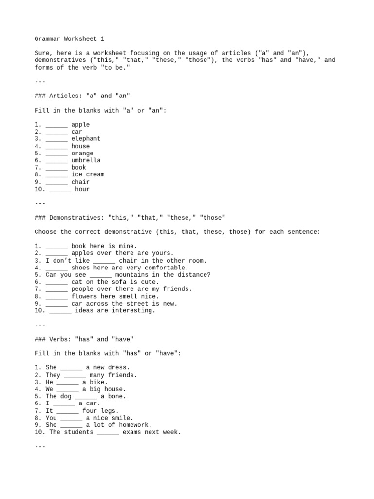 Articles Demonstratives Verb To Have & Be Worksheet 1 | PDF