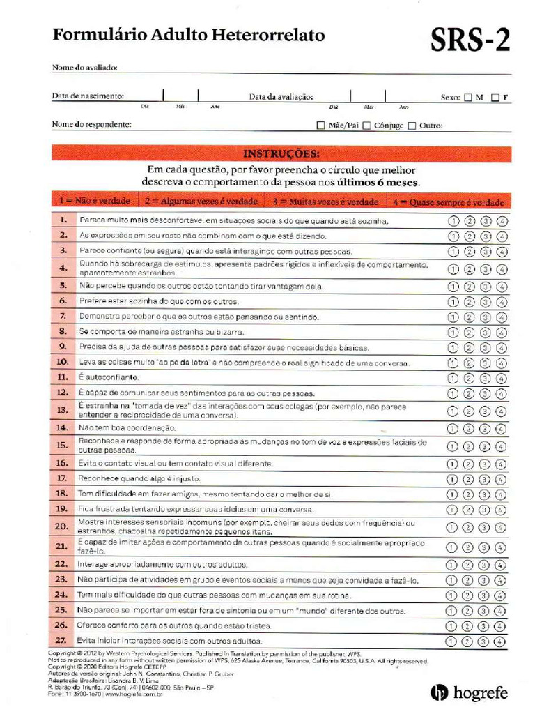 Teste SRS2 - Adulto Heterorrelato | PDF