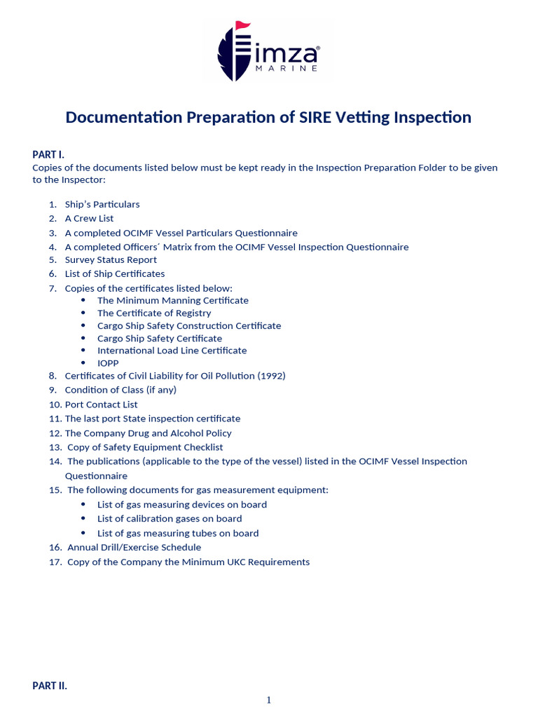 Documentation Preparation of SIRE Vetting Inspection | PDF | Ships | Law