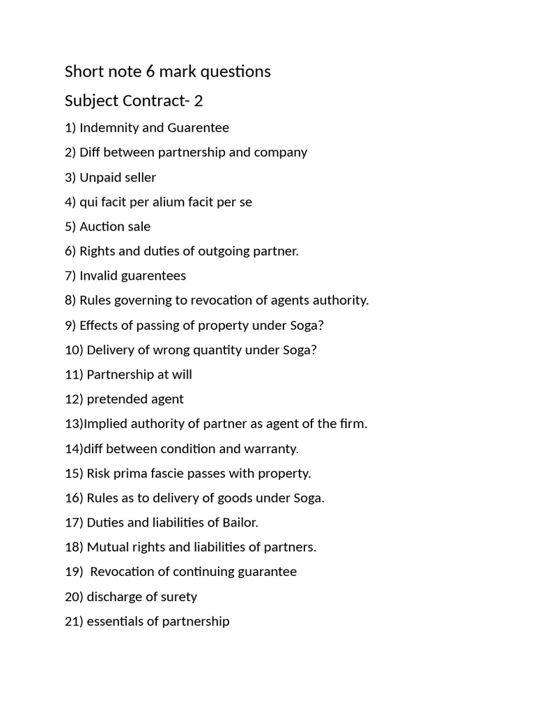 Contract 2 Short Note Pervious Year Question 6 Mark | PDF