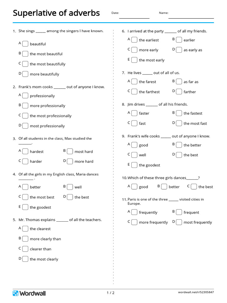 Superlative of Adverbs Quiz | PDF