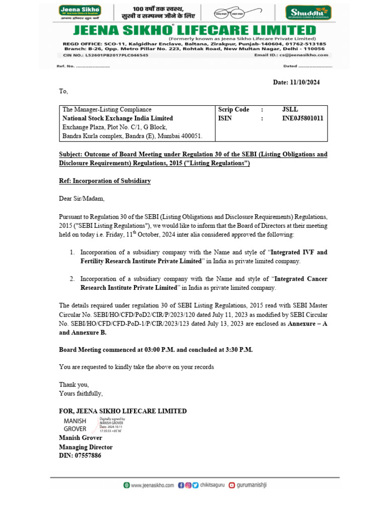 JSLL 11102024182228 OutcomeBoardMeetingJeenaSikho11102024Signed | PDF ...