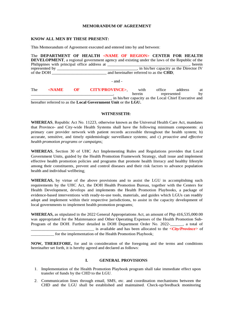 (Doh HPB) 2022 Lhs Playbook - Template Moa Chd-Lgu | PDF
