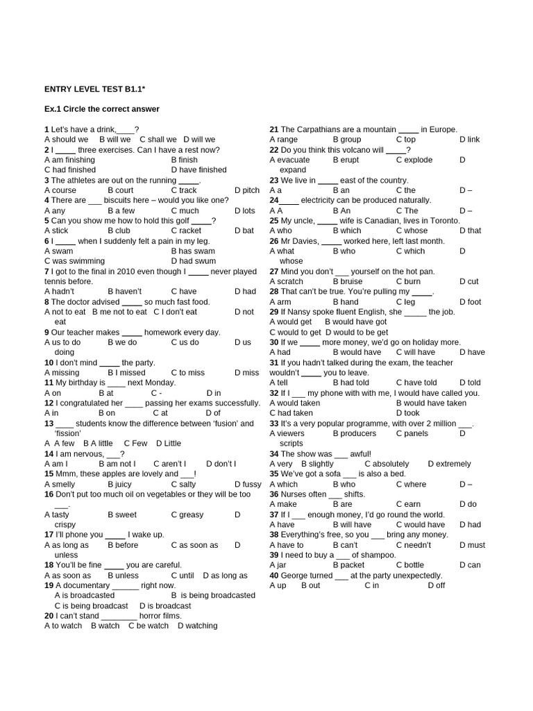 Entry Level Test B1.1 Ex.1 Circle The Correct Answer 1 2 21 22 | PDF