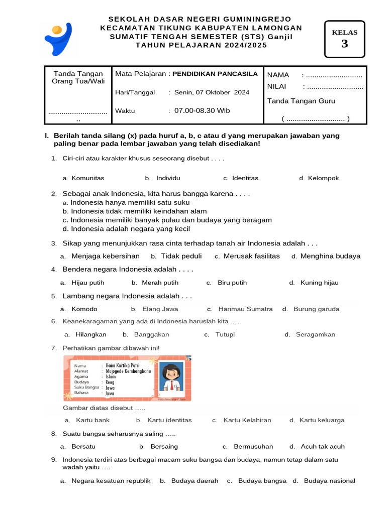 STS 1 Pendididkan Pancasila Kelas III 2024,2025 | PDF