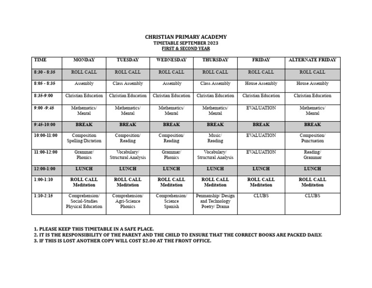 First & Second Year Timetable 2023 | PDF