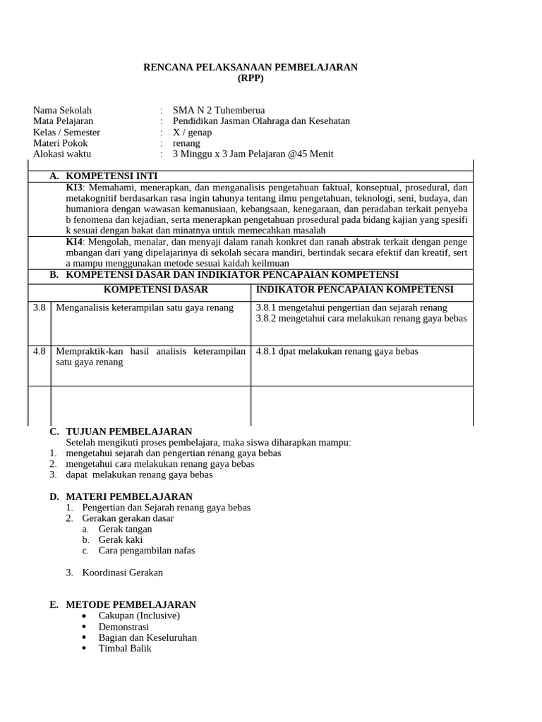 RPP RENANG Kelas 10 Ricky Paulus Sianturi | PDF