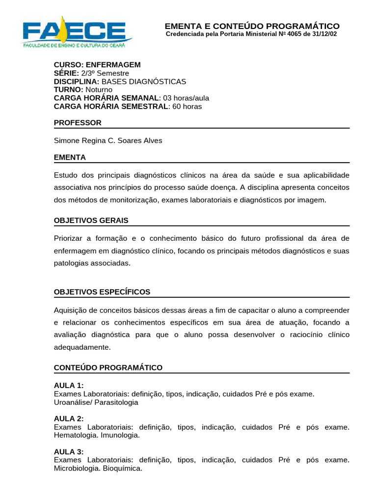 PLANO DE ENSINO PADRAO FAECE - Bases de Diagnóstico | PDF