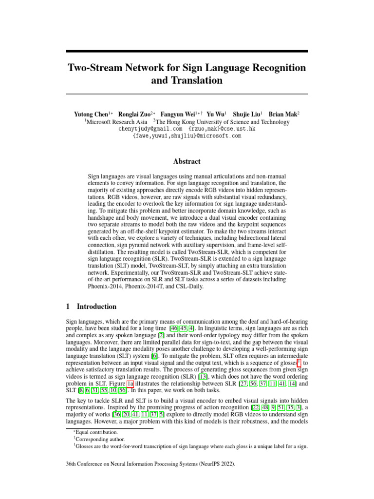 NeurIPS 2022 Two Stream Network For Sign Language Recognition and Translation Paper Conference | PDF