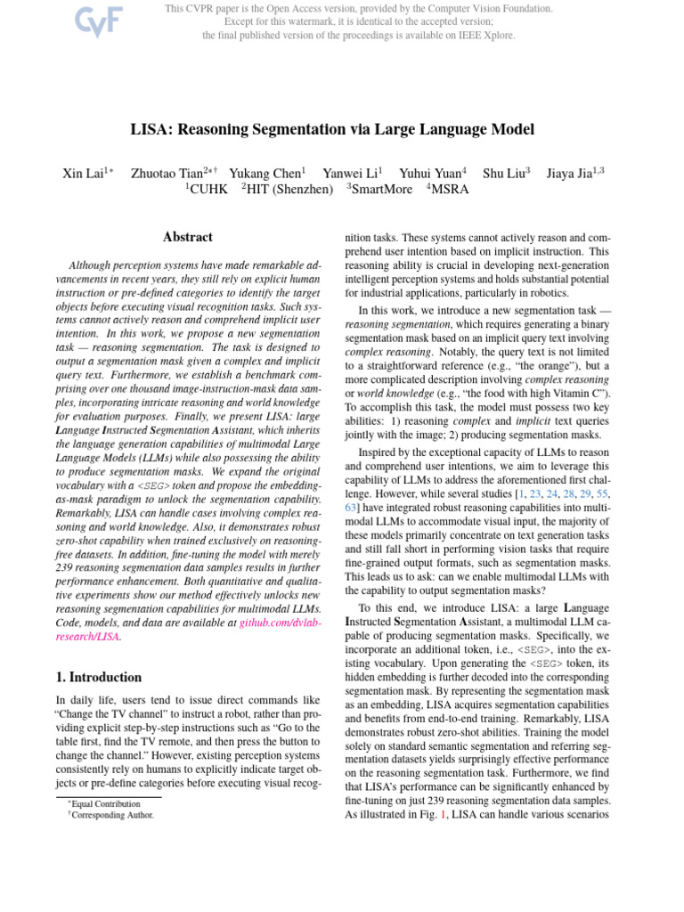 Lai LISA Reasoning Segmentation Via Large Language Model CVPR 2024 Paper | PDF