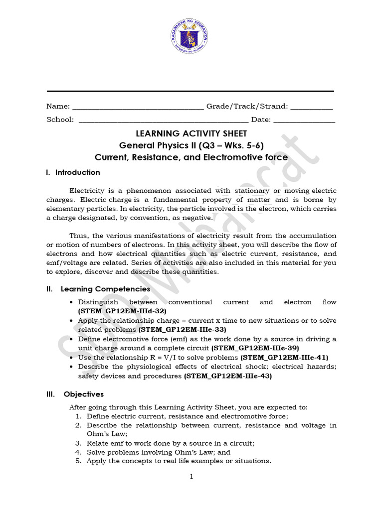 GenPhysics2G12 - Q3 - Wk5 6 - Current Resistance and Voltage - LRQA | PDF