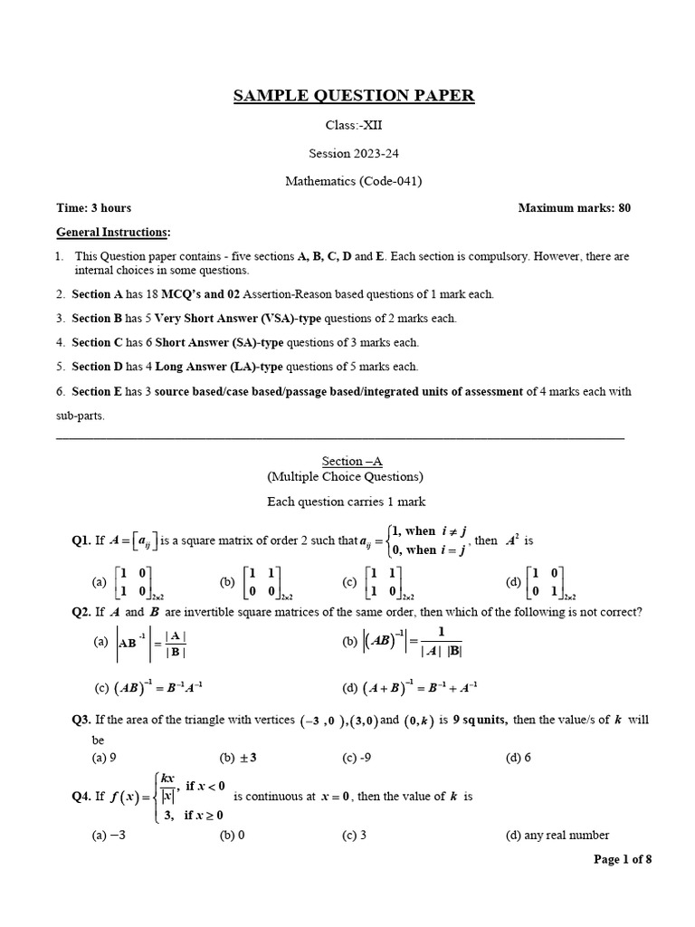 Sample Question Paper: Class:-XII Session 2023-24 Mathematics (Code-041 ...