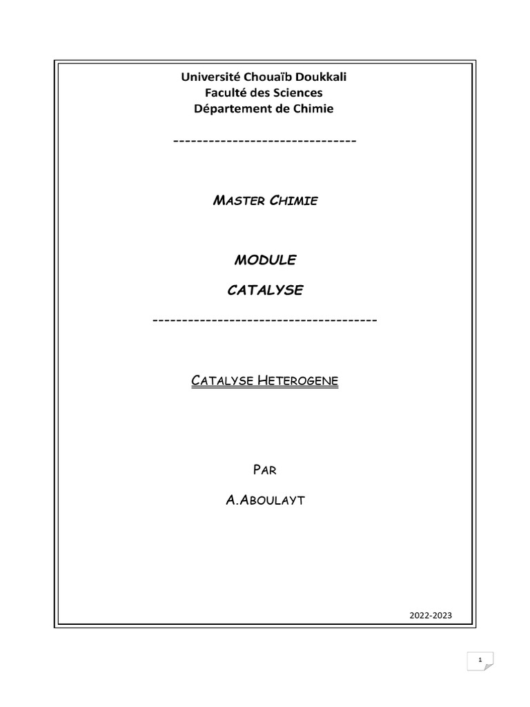 Cours Catalyse Master RC Karim 22-23 Chapitre I-III | PDF