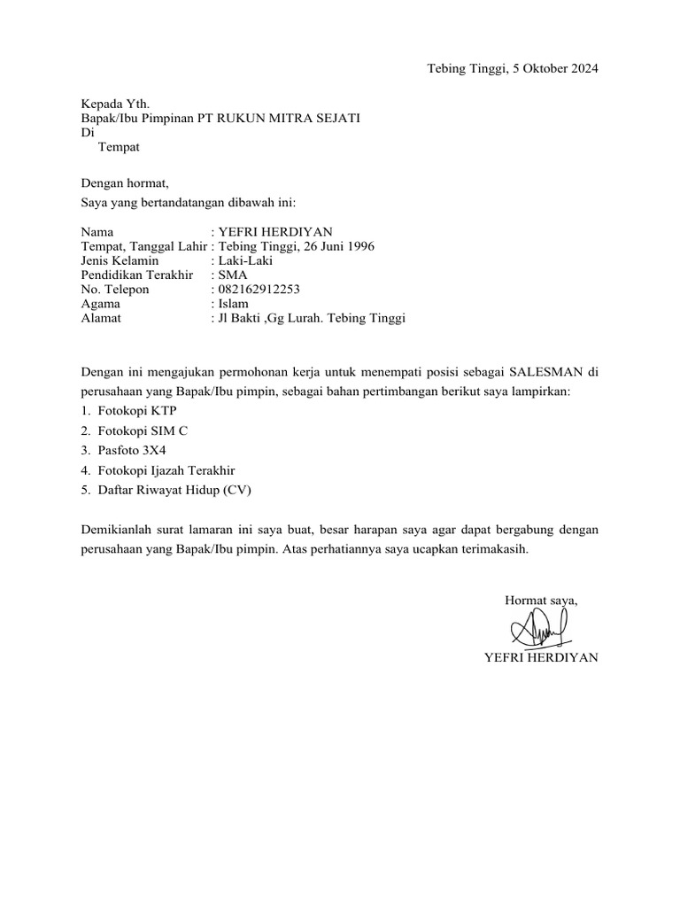 Lamaran Yefri H | PDF