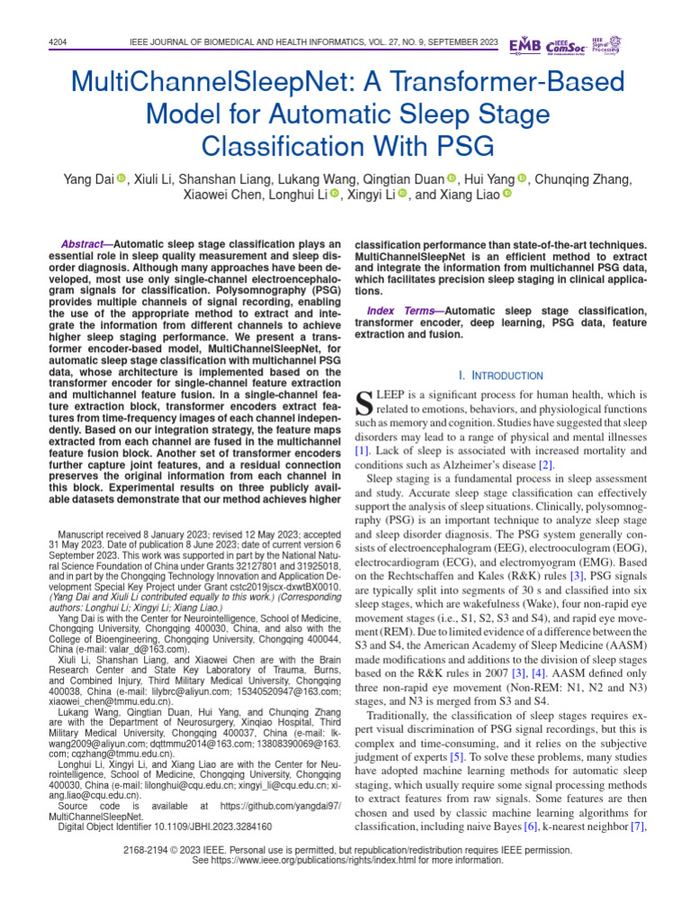 MultiChannelSleepNet A Transformer-Based Model For Automatic Sleep Stage Classification With PSG ...