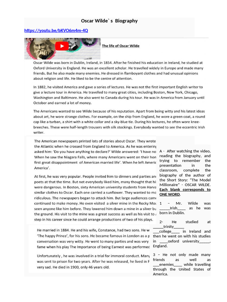 Worksheet - Oscar Wilde - Biography and The M | PDF