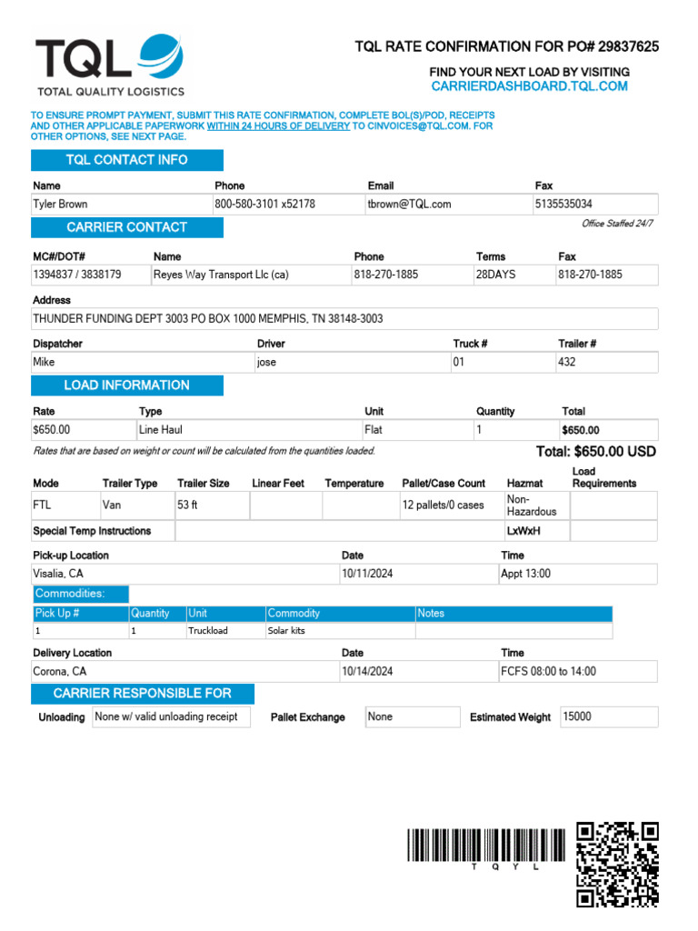 Carrier Rate Confirmation | PDF