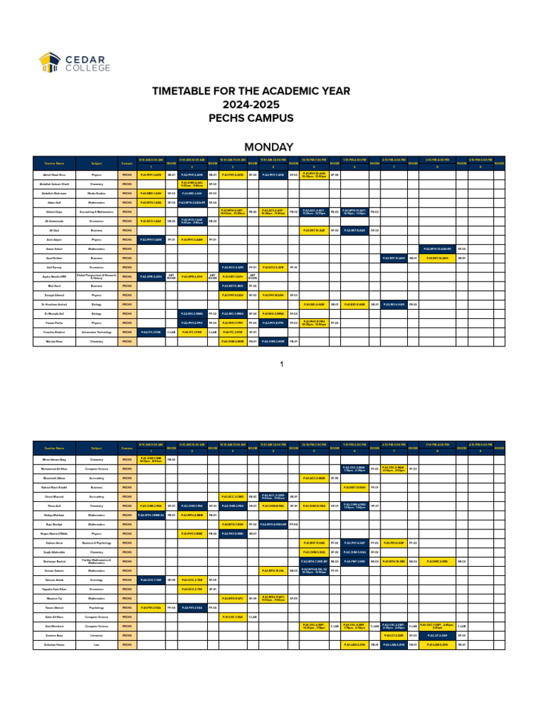 TimeTable For The Academic Year 2024-2025 PECHS CAMPUS PDF | PDF