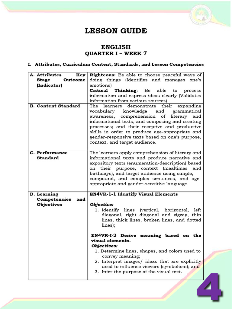 Lesson Guide Grade 4 English Quarter 1 Week 7 | PDF | Emotions | Art