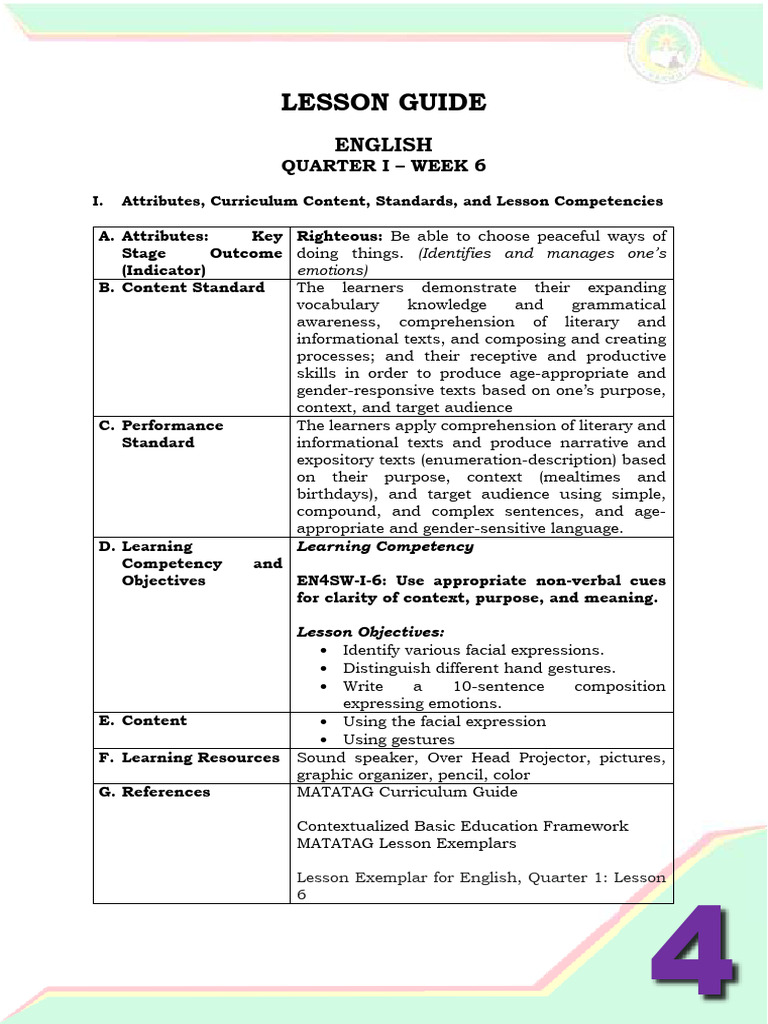 Lesson Guide Grade 4 English Quarter 1 Week 6 | PDF | Emotions | Self ...