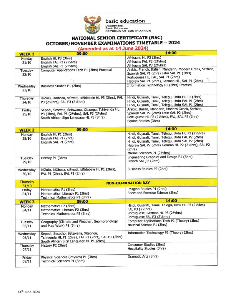 Final Examination Timetable 2024 Oct-Nov NSC | PDF