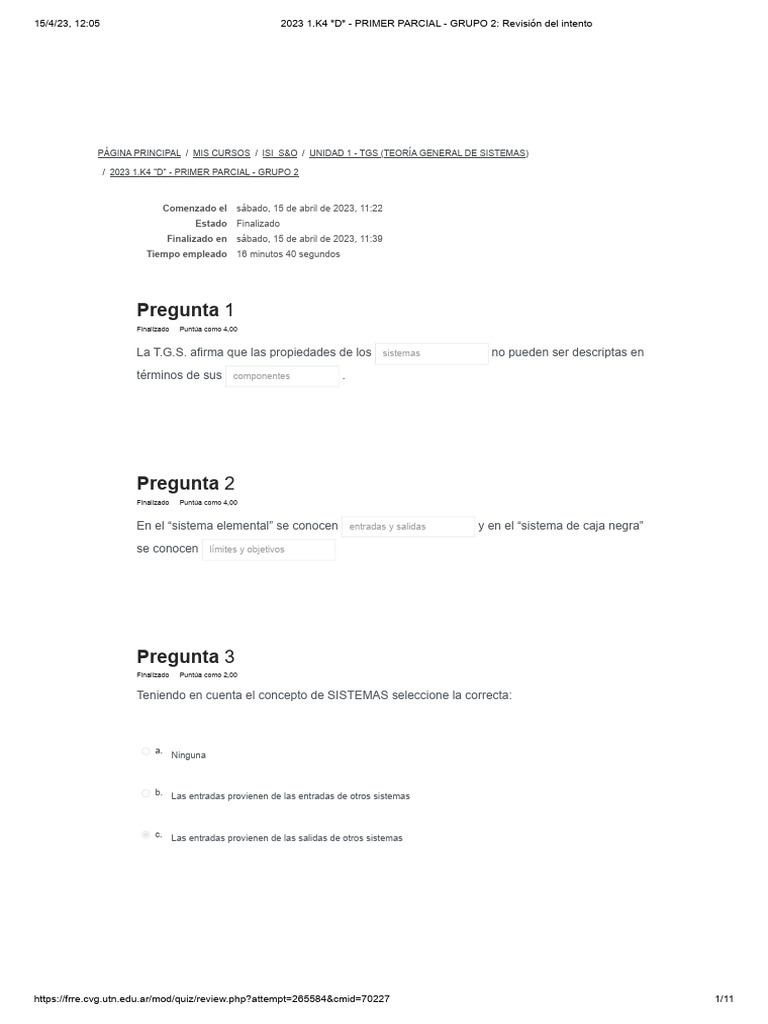 2023 1.K4 - D - PRIMER PARCIAL - GRUPO 2 - Revisión Del Intento | PDF